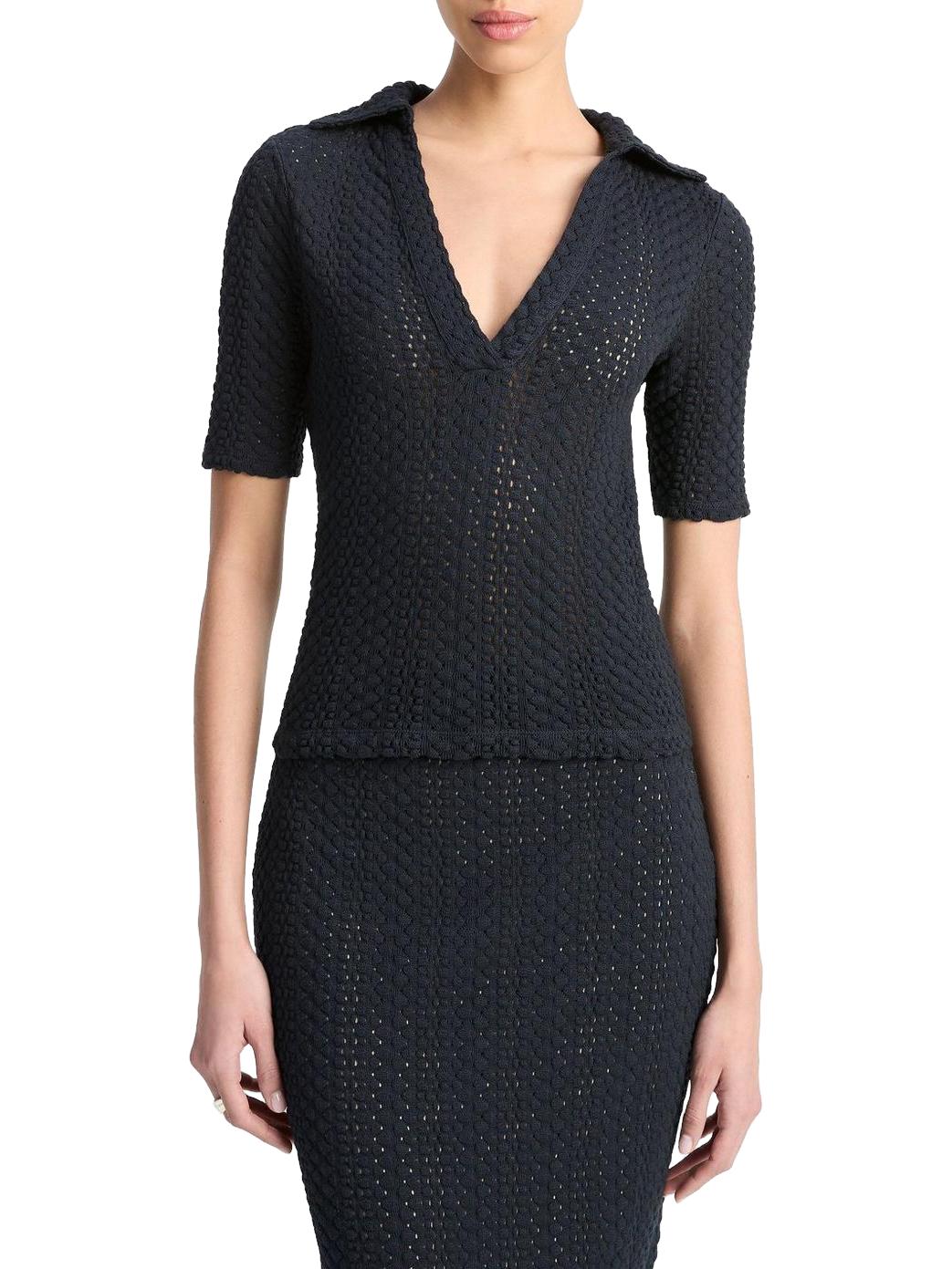 VINCE Vince Textural Cotton Elbow-Sleeve Polo Top